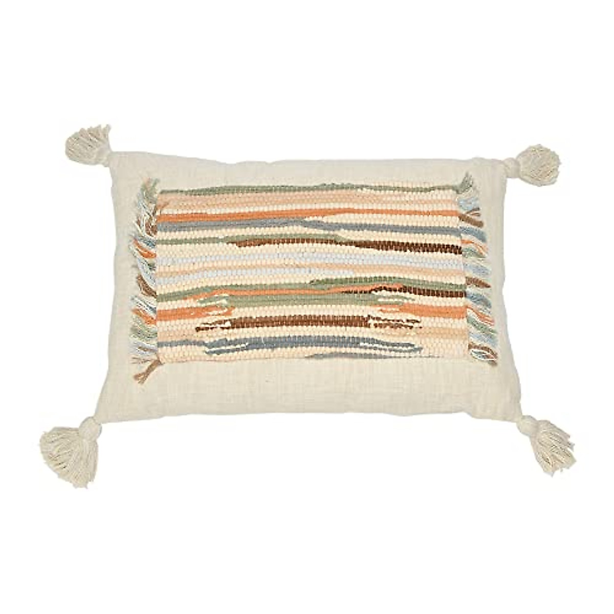 Creative Co-Op Woven Cotton Slub Lumbar Applique, Fringe and Tassels Pillow, 24" L x 16" W x 2" H, Multicolor