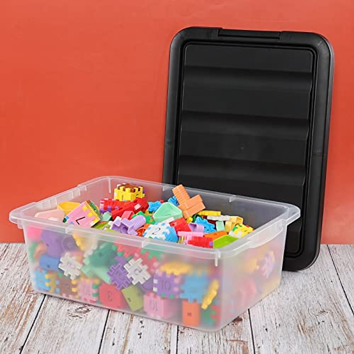 Jekiyo 14 Quart Frosted Clear Latching Storage Bin, Stackable Plastic Box with Black Lid, 2 Packs