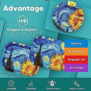 HiKeep Rolling Tray Set of 3, Metal Rolling Tray with PVC Soft Magnetic Lid - 7 x 5.5, Ashtray - 5.8" (Art Design)