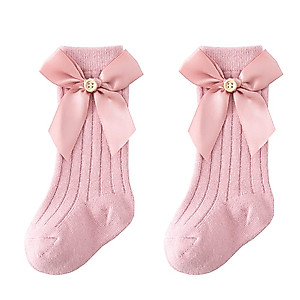 QandSweet Baby Newborn Knee High Socks Seamless Toddler Girls' Big Bow Button Cotton Stockings 0-6 Months
