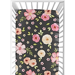 Sweet Jojo Designs Black and Blush Pink Baby or Toddler Fitted Crib Sheet for Watercolor Floral Collection - Rose Flower