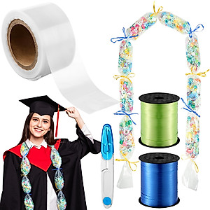 Jexine 118 Feet Graduation Candy Lei Making Kit Hawaiian Candy Lei Kit Includes 30 Pcs Candy Lei Bags 750 Feet Ribbon 24 Pcs Hibiscus Cards for Graduation Party Gift Lei Kit(Clear,Brief)