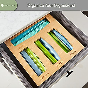 Purawood Ziplock Bag Storage Organizer - Natural Bamboo Drawer Organizer to Declutter Your Kitchen – Easy & Efficient Plastic Bag Organizer - Plastic Bag Holder Compatible with all Brands
