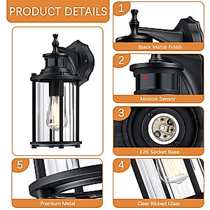 2-Pack Motion Sensor Outdoor Wall Lights, 12.5 Inch Dusk to Dawn Exterior Waterproof Wall Light Fixtures, Matt Black Wall Sconces with E26 Socket & Ribbed Glass Shade for Porch, Patio and Garage