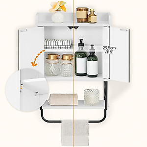 HOOBRO Medicine Wall Cabinet with Mirror, Bathroom Storage Cabinet with Hidden Space and Towel Bar, Double Mirrored Doors, Detachable Shelf, for Bathroom, Living Room, White BW41CW01