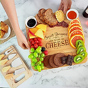 KITCHENVOY Bamboo Cheese Board Set with Slide-Out Drawer, Knife Set, Ceramic Bowls - Sweet Dreams Are Made of Cheese - Charcuterie Boards Gift Set for Christmas, Birthday, Housewarming, Wedding