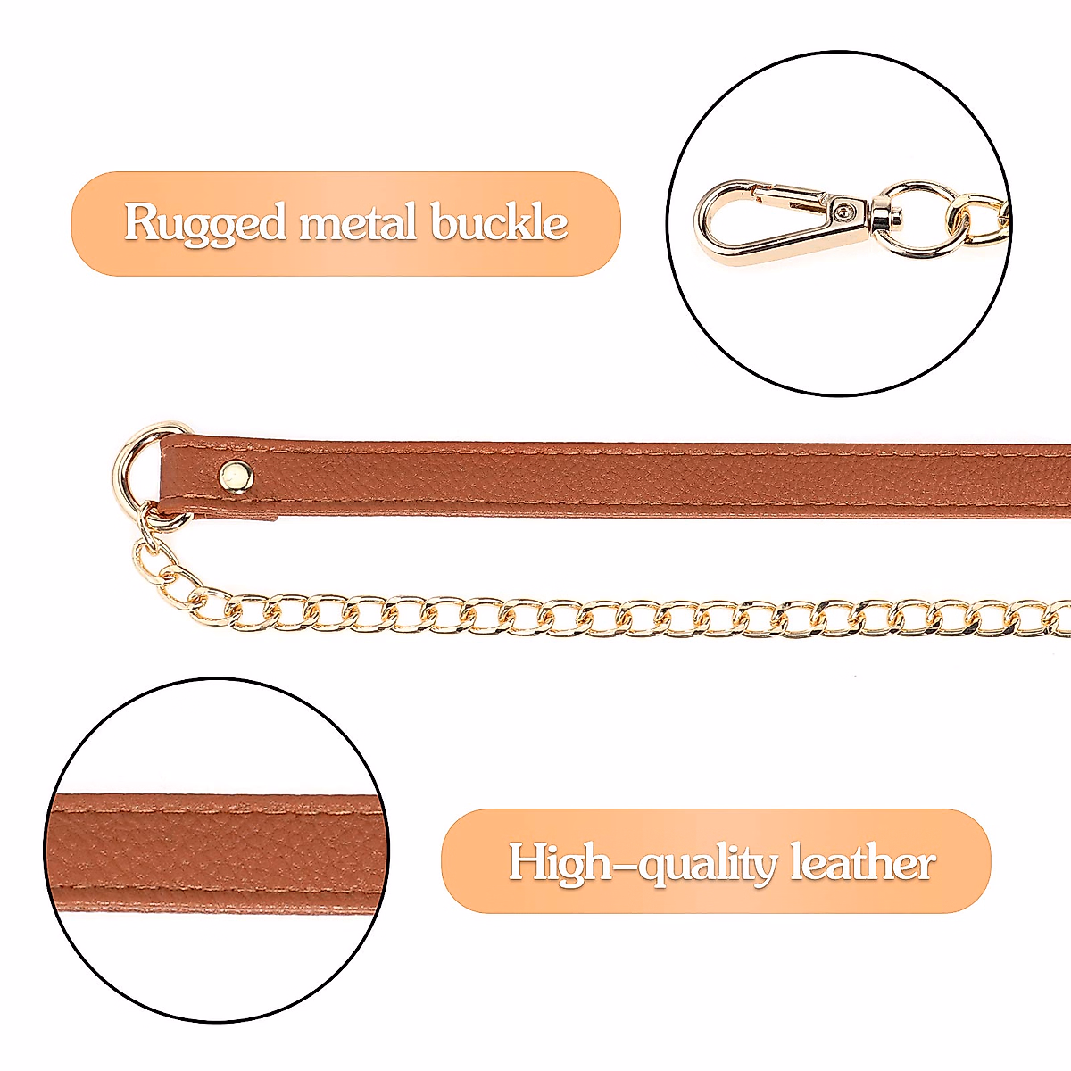 Glamorstar Purse Chain Strap Leather Crossbody Metal Replacement Straps for Shoulder Handbag Clutch Bags Satchels Gold Brown 120cm/47in