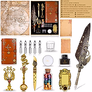 NC Quill Pen Ink Set, Includes Quill Pen, Notebook, 5 Replaceable Nibs, Ink, Pen Holder, Cup, Seal Stamp, Spoon, Wax Bead, White Wax, Envelope & Letter Paper Etc. Beautiful Gift Calligraphy Set.(Grey)