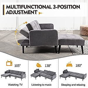 GYUTEI 100" Convertible Sectional Sofa Bed, Modern Linen 3-seat L-Shaped Couch with 3 Angle Adjustable Backrest, Upgrade Soft Cushion & Sturdy Construction for Living Room and Apartment (Dark Gray)