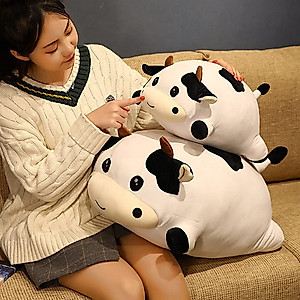 WUYU Cow Plush Pillow, Adorable Stuffed Animal Plush Toy, Soft Cow Hugging Pillow for Kids Boys Girls (Round Eyes,13.7in)