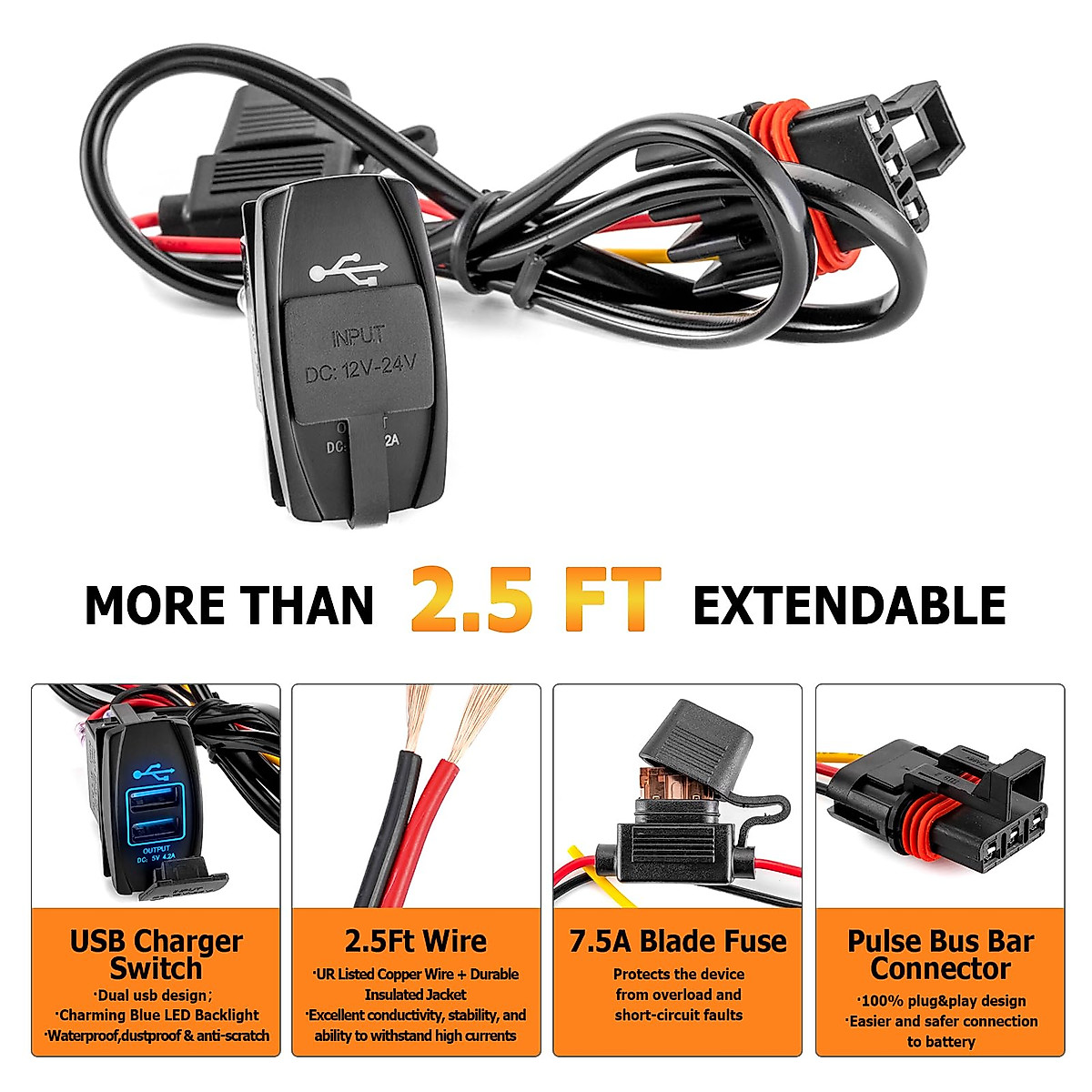 WeiSen Plug & Play Dual USB 4.2A Charger, Rocker Switch Style 18 AWG 12V/24V Fast Charge with Pulse Power Bar Plug Connector Compatible with Polaris RZR Ranger General Pulse Bus Bar