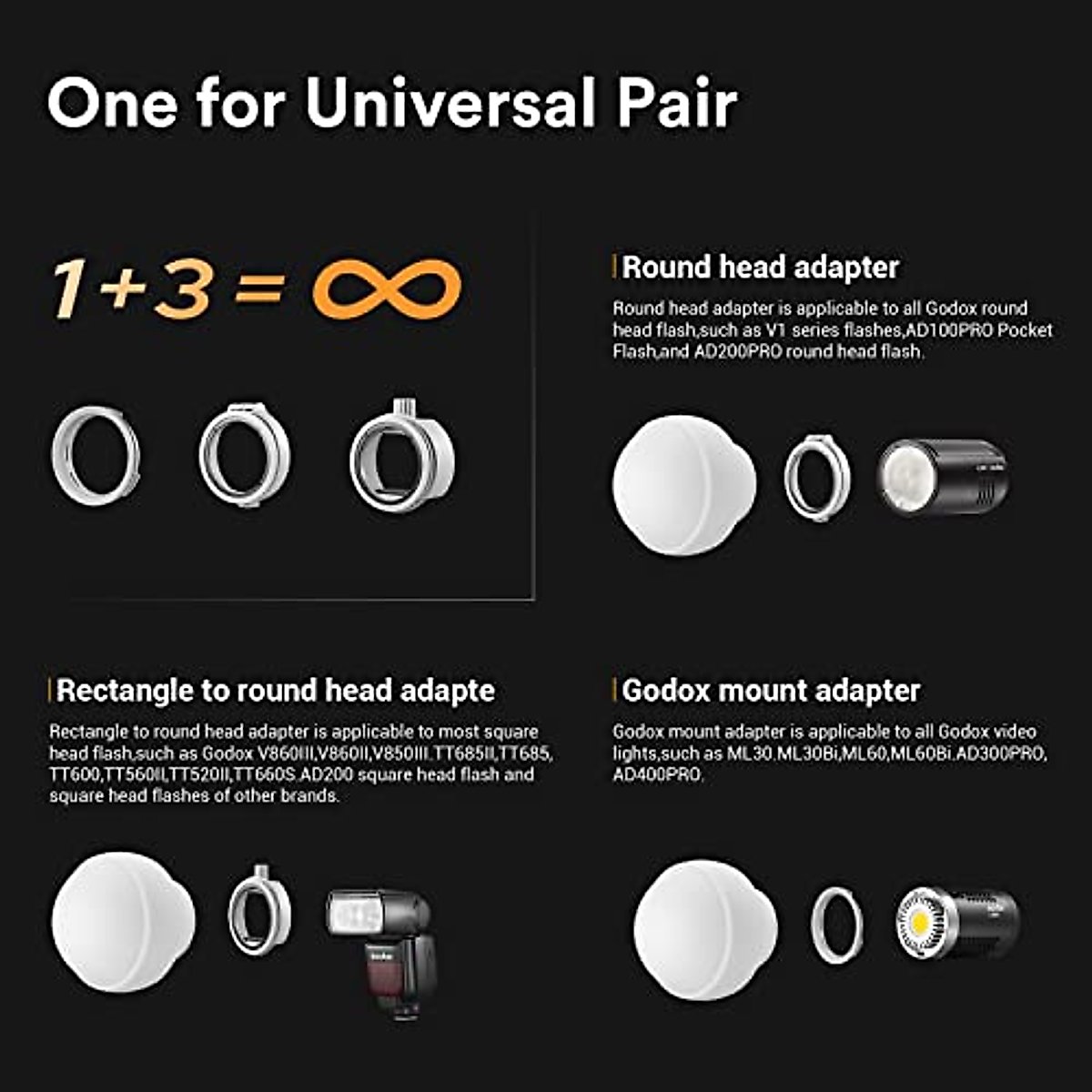 Godox ML-CD15 Diffusion Dome with 3 adapters, Flash Light Diffuser, Compatible for Godox V1 Series ML30 ML60 ML60BI AD200 AD200PRO AD300PRO AD400PRO V1S V1C V1N V1F V1O V860III-S TT685S TT660S