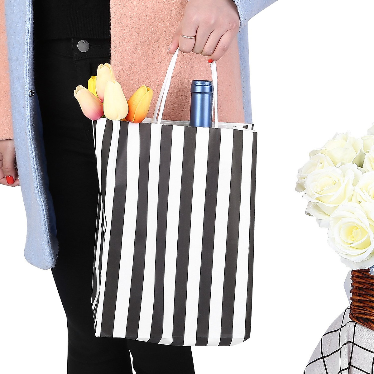 Ronvir Gift Bags 100pcs Paper Bags 8x4.75x10.5 Inches Black And White Bags, Shopping Bags, Retail Bags. Party Bags, Gift Bgas Medium Size