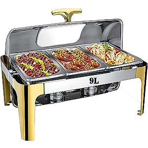 Stainless Steel Chafing Dishes with Lid for Parties, 9L Commercial Food Warmer for Buffet, Buffet Server with 3 Kind of Warming Tray for Holidays, Catering, Home Dinners