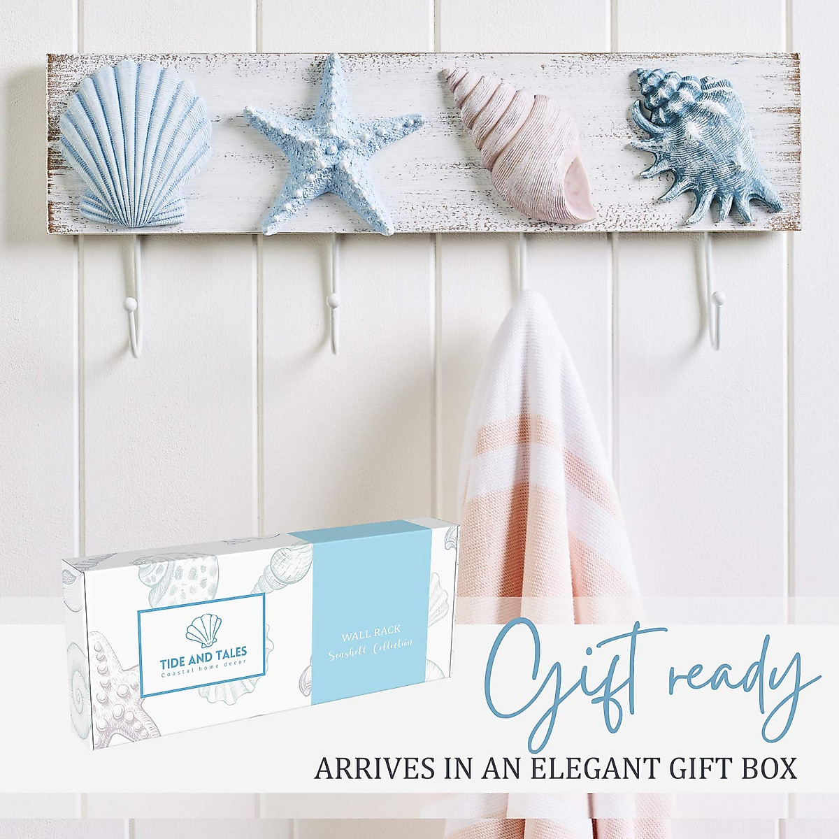 TideAndTales Beach Bathroom Decor 3D Seashell Wall Hooks Towel Rack for Coastal Bathroom, Bedroom or Kitchen - Shells and Starfish Beach Decorations for Home - Ocean Theme Beach House Decor