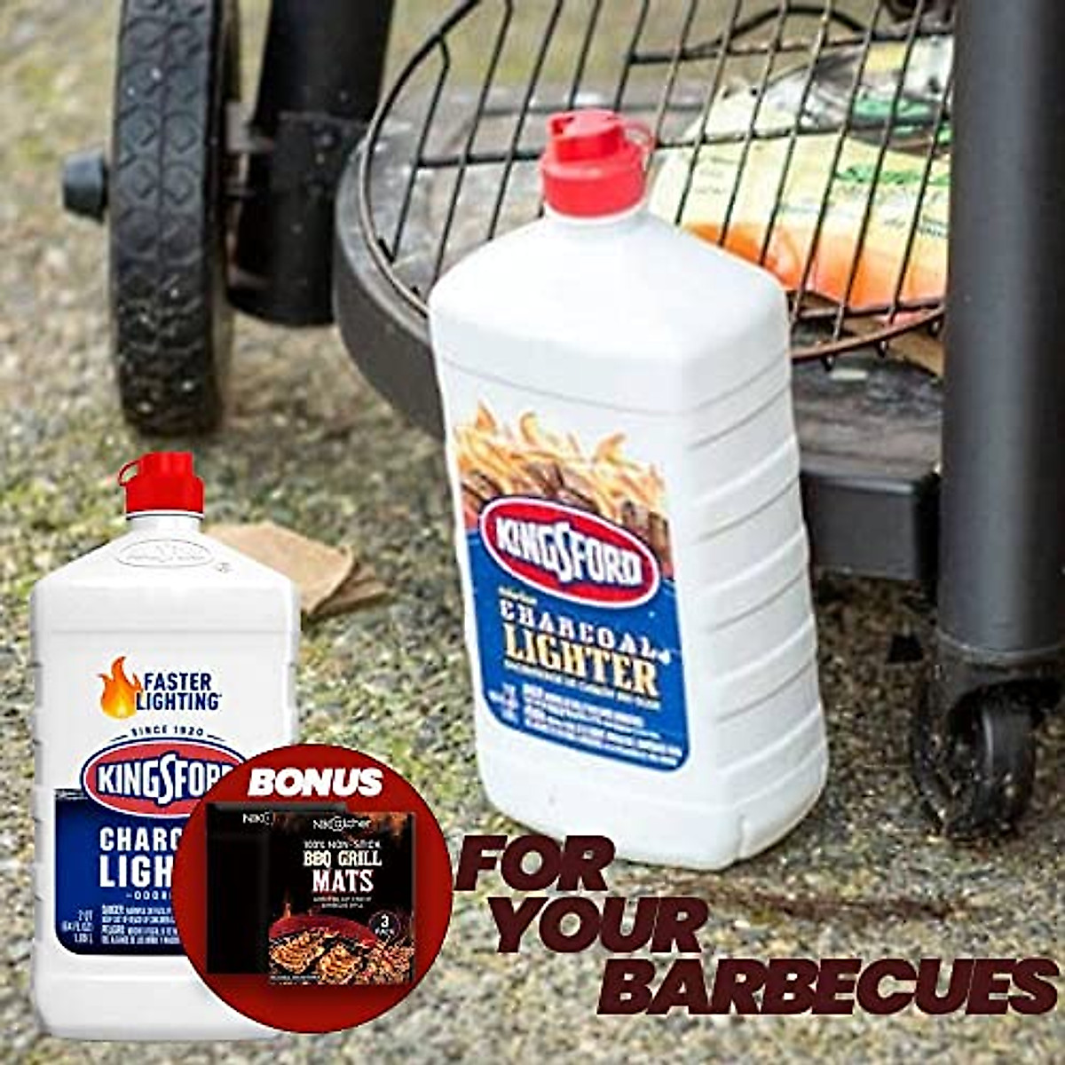 Kingsford Charcoal Lighter Fluid 64Oz with 3Pack NikCatcher Heavy Duty BBQ Grill Mats for Outdoor Grill - Non Stick, Reusable, and Easy to Clean