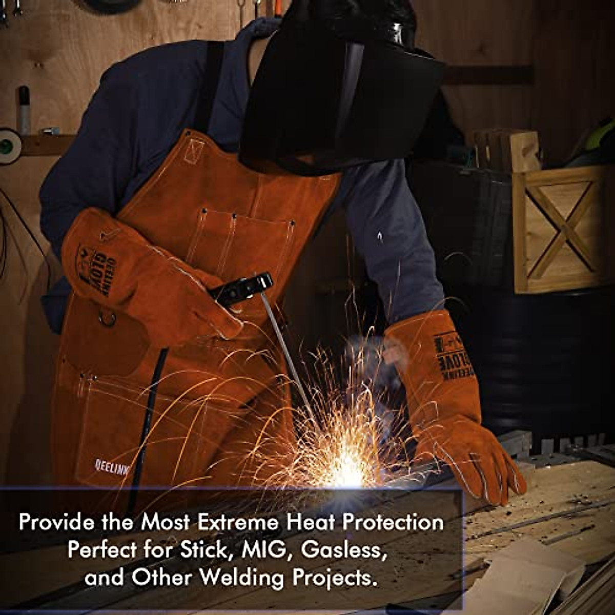 QeeLink Welding Gloves - Heat & Wear Resistant Lined Leather and Fireproof Stitching - For Welders/Fireplace/BBQ/Gardening, 16-Inch