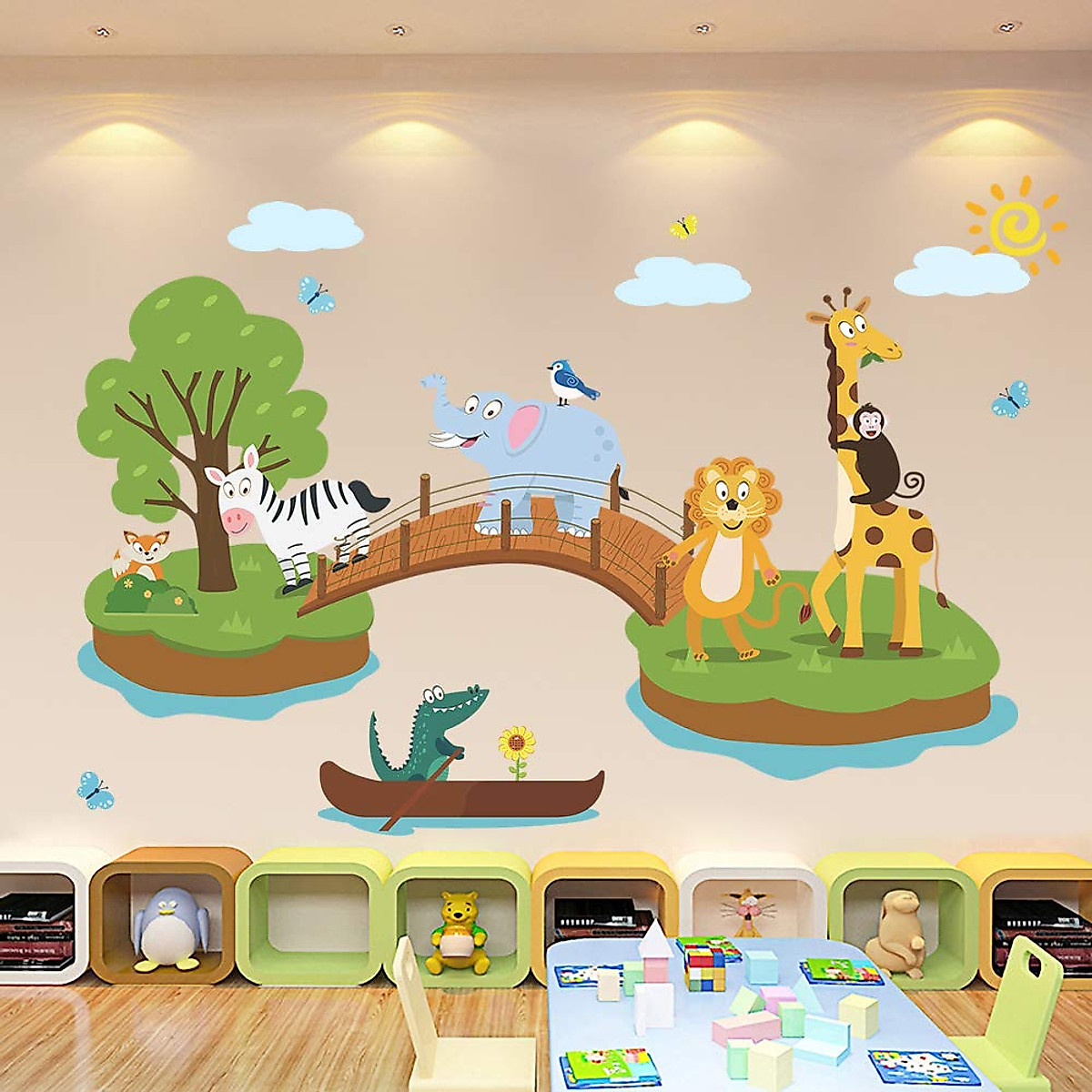 Removable 3D Giant Jungle Animals Lion Elephant Bird Fox on The Bridge Wall Decals Tree Wall Sticker Art Decor for Kids Boys Baby Children Bedroom Living Room Bathroom Classroom Playroom Nursery