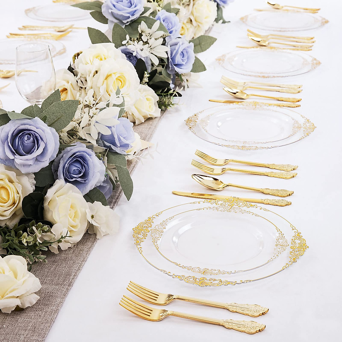 Morejoy 100 Pieces Gold Plastic Plates - Clear Gold Disposable Plates - 10.25inch Clear Plastic Dinner Plates With Gold Rim for Weddings & Parties & Shower