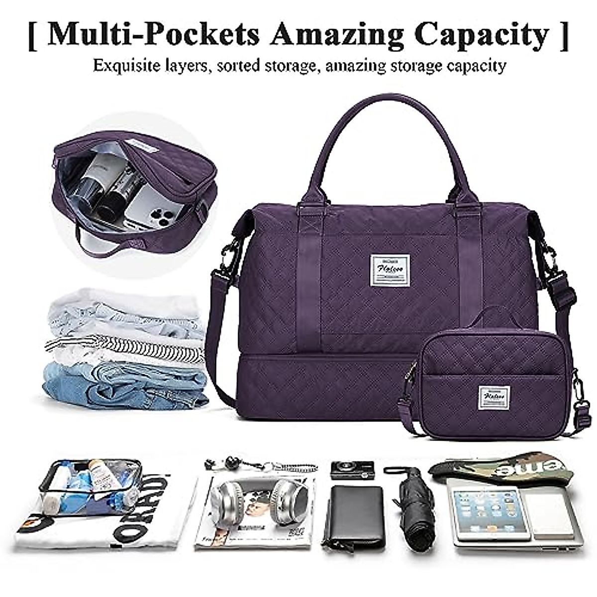 Travel Duffel Bag with Shoes Compartment, Weekender Overnight Bag for Women,Carry on Personal Item Bag,Gym Bag with Toiletry Bag