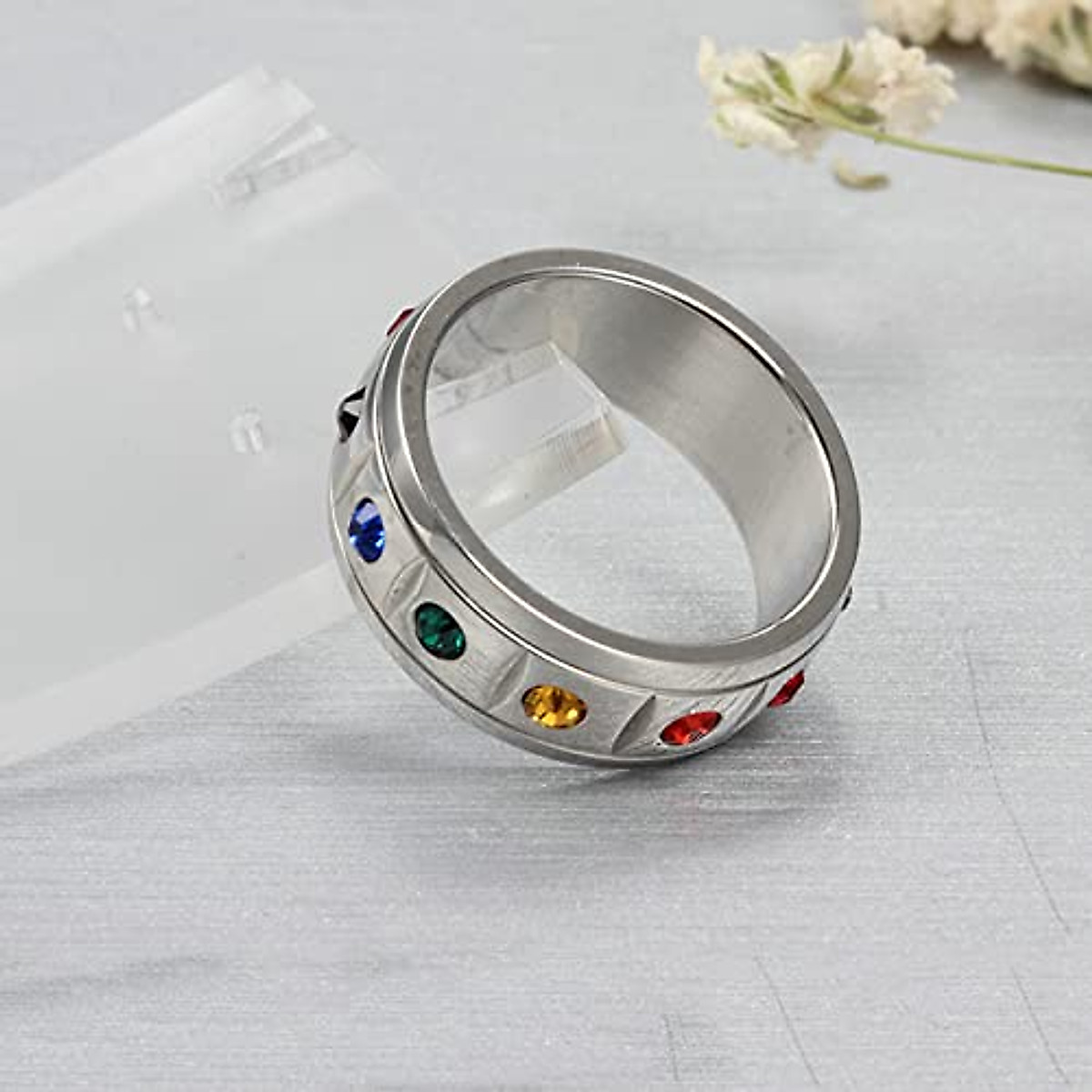 ANAZOZ Stainless Steel Wedding Bands Women and Men, 8MM Cubic Zirconia Rainbow Engraved Ring for Him and Her, Women Size 9 + Men Size 8