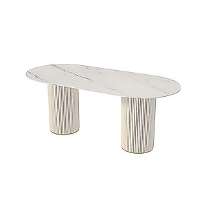 LAKIQ Slate Stone Oval Dining Table Contemporary Kitchen Dining Room Table Double Pedestal Table-Table Only-Without Chairs(White, 78.7" L x 31.5" W x 29.5" H)