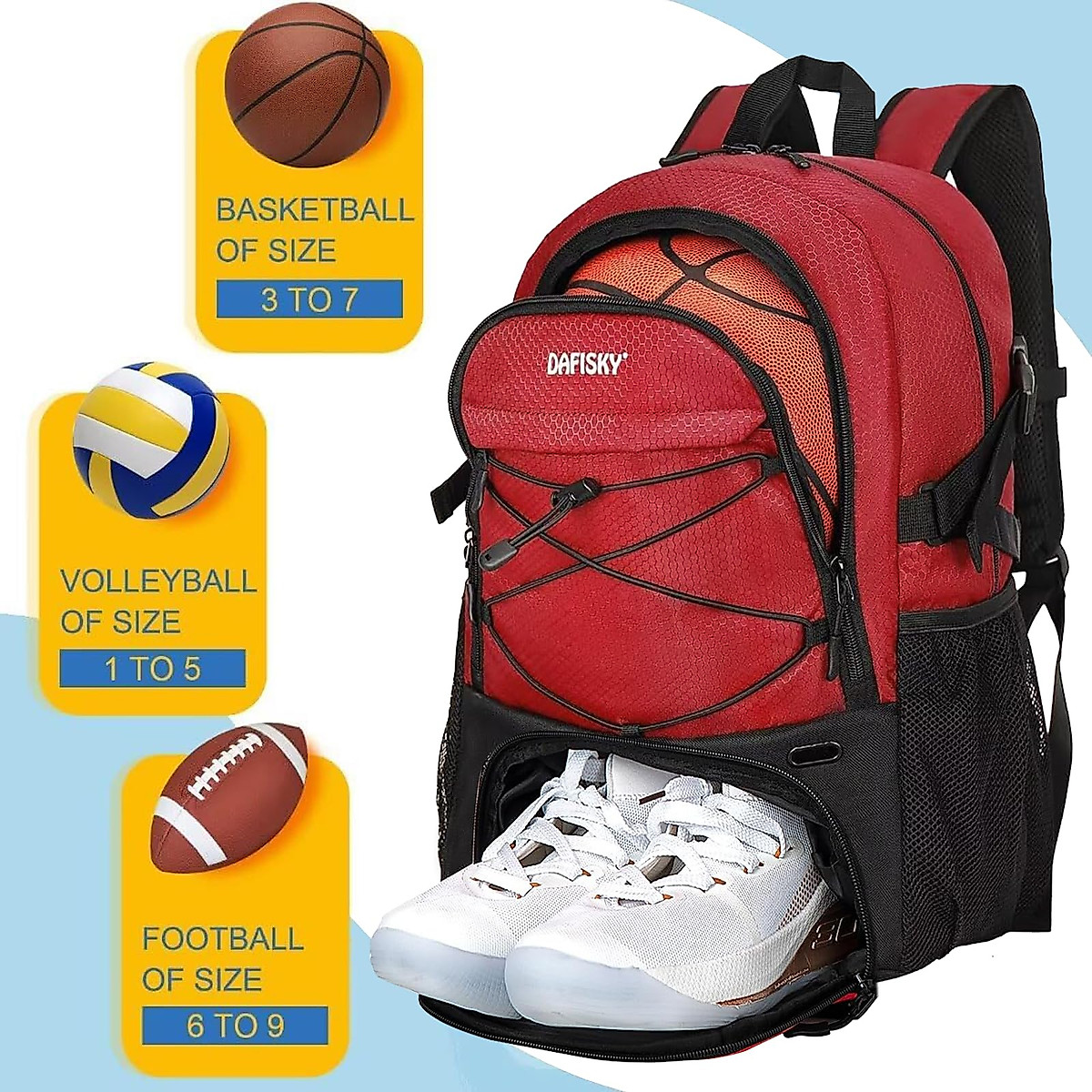 DAFISKY Basketball Backpack with Ball Compartment – Large Basketball Bag with Shoes Compartment Soccer Volleyball Bag Sports Backpack for Football, Red