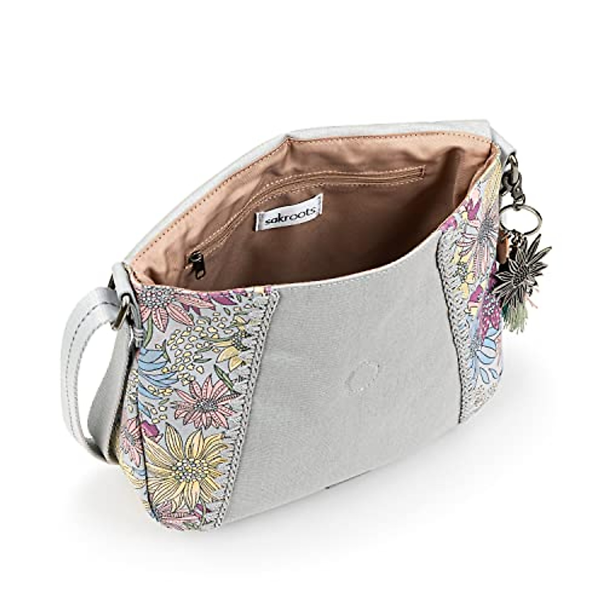Sakroots Foldover Crossbody Bag in Cotton Canvas with Adjustable Strap, Blush Flower Garden