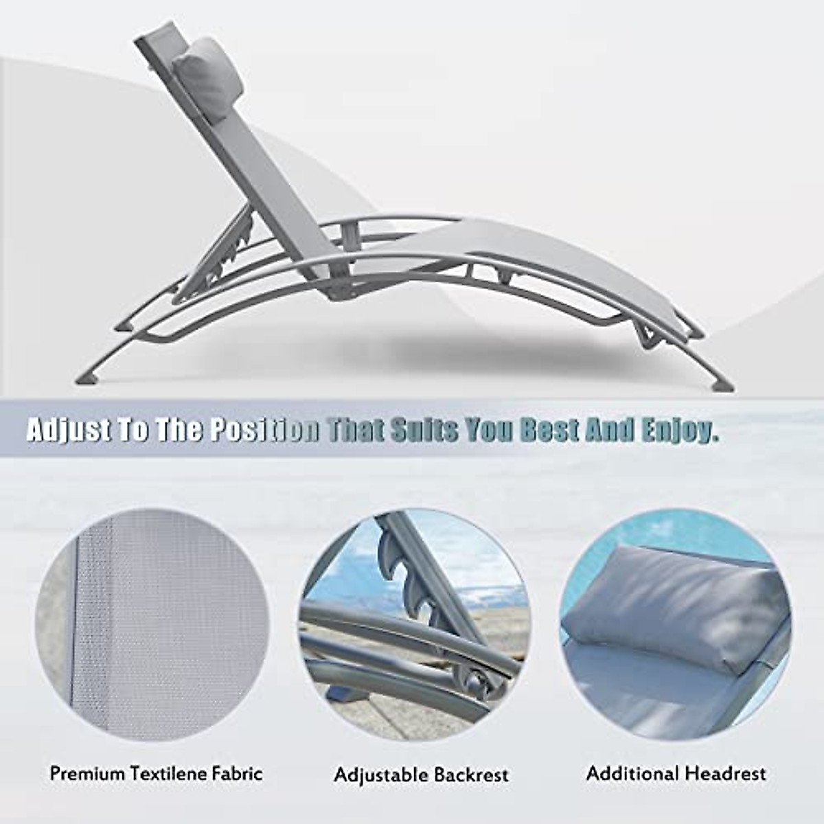 Domi Outdoor Chaise Lounge Set of 2 Patio Recliner Chairs with Adjustable Backrest and Removable Pillow for Indoor&Outdoor Beach Pool Sunbathing Lawn Gray