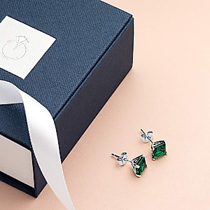 Peora Created Emerald Stud Earrings for Women 14K White Gold, Classic Solitaire, 2 Carats total Princess Cut, 6mm, Friction Back