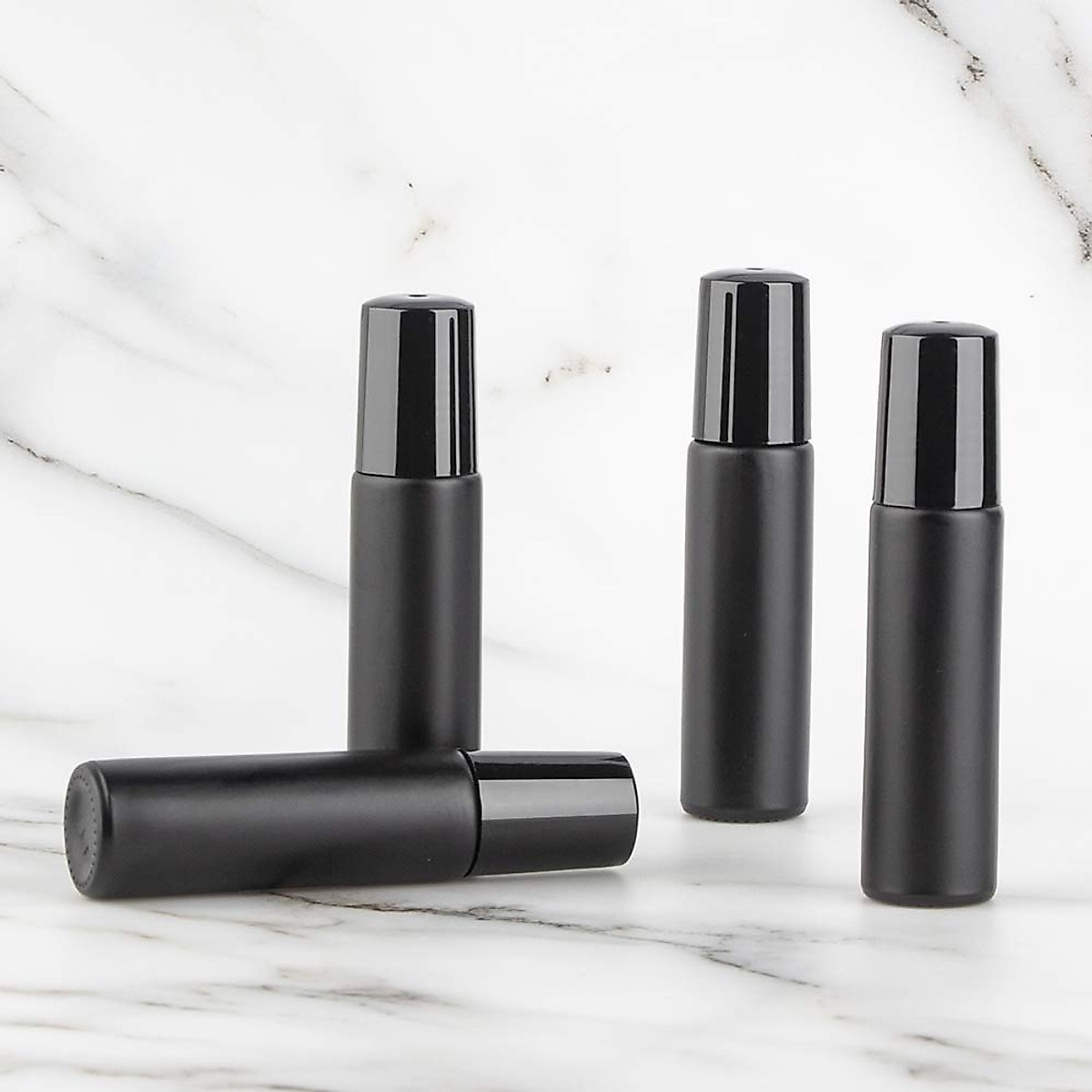 20PCS Roller Bottles 10mL Essential Oil Ultra Thick Matte Black Frosted Glass (2 Openers+3 Pipettes Value Pack), Stainless Steel Roller Balls w/Black Cap