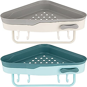 HLWDFLZ Corner Shower Caddy, 2 Pack Wall Mounted Adhesive Plastic Shower Organizer with Towel and Hooks, Removable Shower Organizer Corner Basket for Bathroom and Kitchen