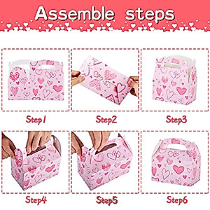 Gatherfun 24 Pieces Valentine's Day Hot Pink Heart Love Treat Box Candy Boxes Goodies Boxes Cardboard Present Boxes with Handles for Birthday Party Anniversary Favors, 6 x 3.5 x 3.5 Inches, 3 Designs