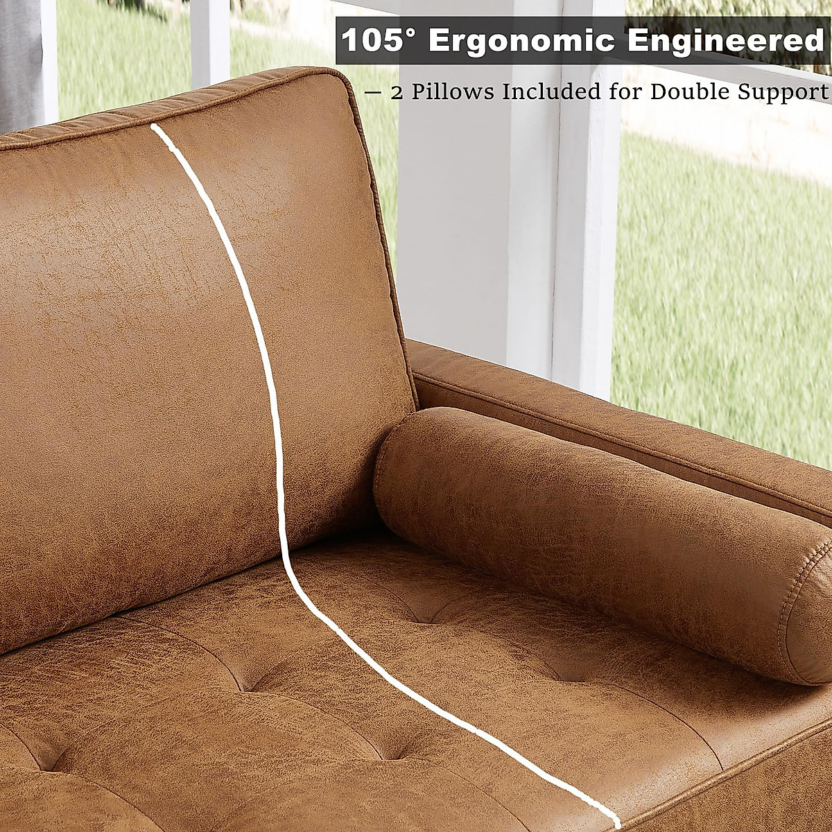 HIFIT Sofa Couch Set for Living Room, Mid Century Modern Faux Leather Sofa with Deep Love Seat & Fluffy Cushion, Living Room Furniture Sets, Small Sectional Couch for Bedroom/Office/Small Space, Brown