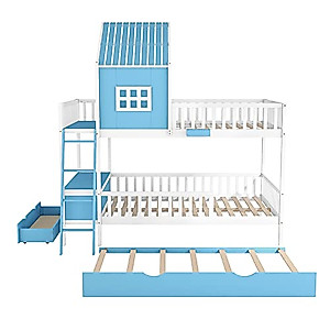 Lepfun Bunk Bed,Full Over Full Size Bunk Bed with Twin Size Trundle Bed, Farmhouse Bed with Storage Box and A Big Drawer for Kidroom,Bedroom and Dorm,Noise Free,No Box Spring Needed,Blue