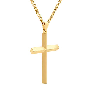 Stainless Steel Beveled Cross Pendant on 24" Twisted Curb Chain Necklace with Yellow Gold Tone Finish