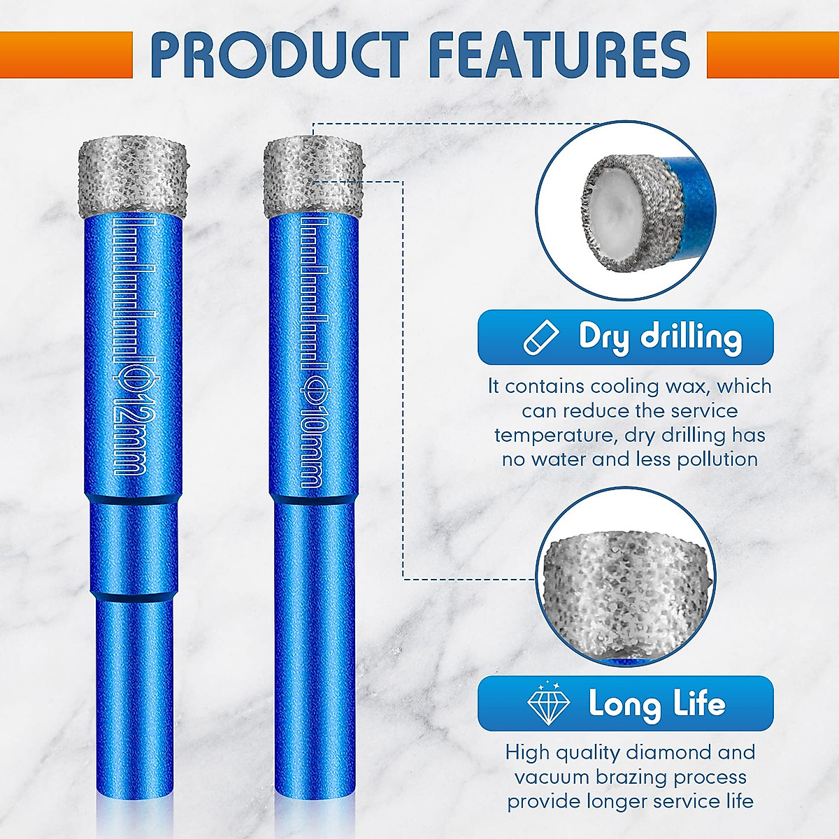 Dry Diamond Drill Bits Set 6 PCs Small Diamond Hole Saw Kit for Granite Marble Porcelain Tile Ceramic Stone Glass Hard Materials (not for Wood) Round Shank 1/4, 5/16, 3/8, 1/2, 9/16, 5/8 inch