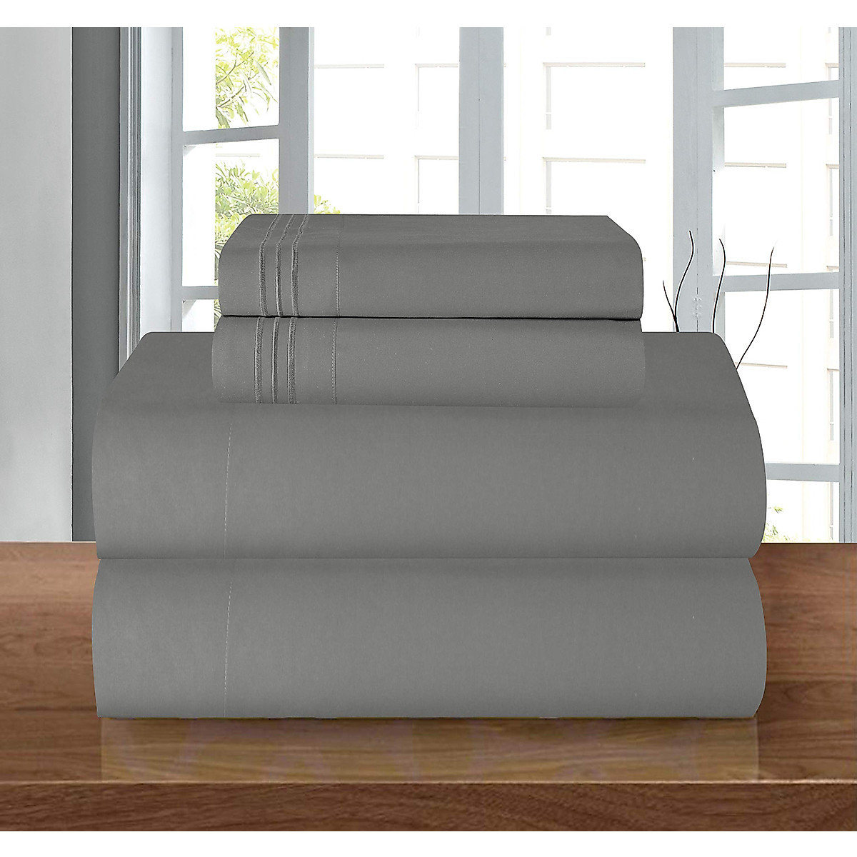 Elegant Comfort Luxury 1500 Premium Hotel Quality Microfiber 4-Piece Sheet Set - Wrinkle Resistant, All Around Elastic Fitted Sheet, Deep Pocket up to 16", Full, Grey