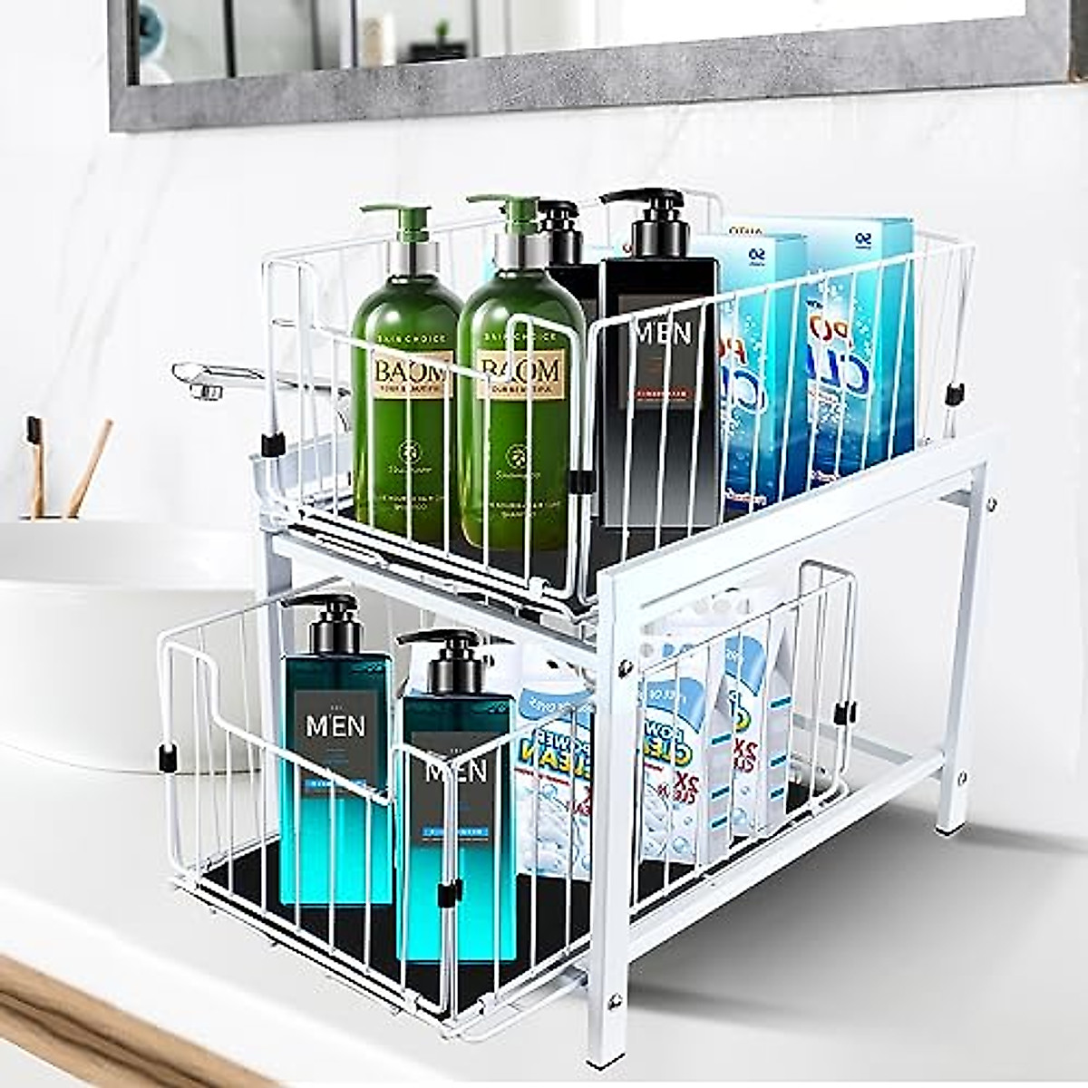 ZMJESSNIA Under Sink Organizer, 2 Tier Sliding Basket Drawer Organizer, Pull Out Under Sink Cabinets Organizer,Metal Home Organizer for Bathroom or Kitchen Pantry,White