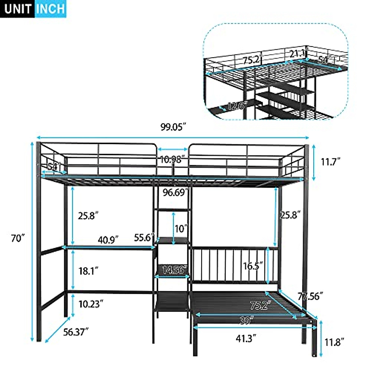 YOPTO Full Over Twin Metal Bunk Bed with Built-in Desk, Four Built-in Storage Shelves and Ladder, No Box Spring Required,Maximized Space,Bedroom Furniture for Children,Teens,Adults,Black