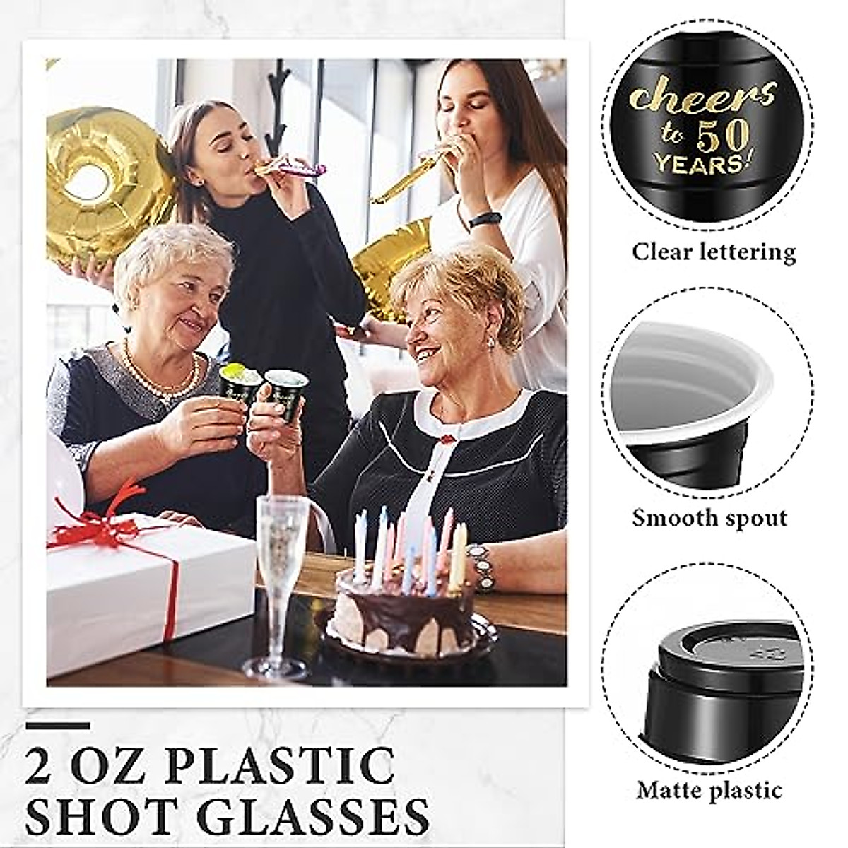 100 Pcs 2 oz Black Birthday Cups Plastic Stadium Cups Cheers to 30 40 50 60 Years Party Decorations Disposable Shot Cups for Men Women Anniversary Drinking Supplies(50 Years)