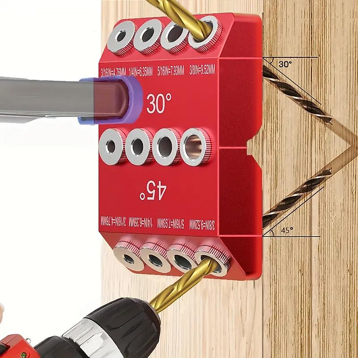 YuanTenhwy 4 Sizes 30 45 90 Degree Angle Drill Guide Jig for Angled Hole and Straight Hole,Drill Block，Dowel Drill Guide，Stair Wire Handrail, Deck Cable Railing Lag Screw Drilling Template Block