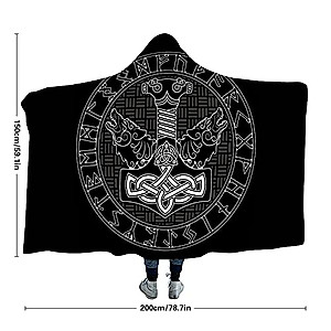 Youtugday Viking Runes Wolf Hammer Hooded Blanket Super Warm and Cozy Sherpa Throw Blanket Wearable Blanket Hoodie Blanket for Women and Men 60"×80"