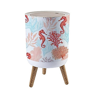 Small Trash Can with Lid Beautiful seamless tropical with corals sea horse Abstract geometric Round Recycle Bin Press Top Dog Proof Wastebasket for Kitchen Bathroom Bedroom Office 7L/1.8 Gallon