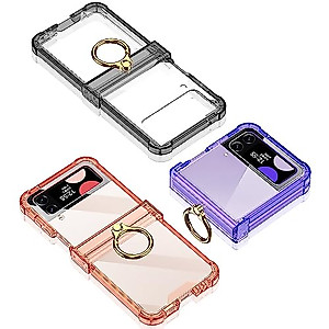 Hokycusvi Hinge Case for Samsung Galaxy Z flip 4 with Ring Shockproof Thin Cover with Transparent Hard PC Back, Soft TPU Edges (Clear)
