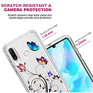 Vavies Phone Case for Huawei P30 Lite/Nova 4E, Butterfly Tree Floral Design, Clear TPU, Full Body Protection, Tempered Glass Screen Protector, Compatible with MAR-LX3A Models