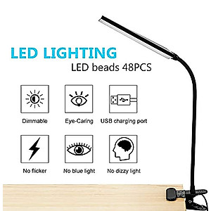 RAOYI LED Desk Lamp, 5W USB Clip on Light Eye-Caring Reading Clamp Table Lamp with 48 LEDs Flexible Gooseneck, 3 Color Modes and 14 Brightness Levels for Office Bedroom Study (Black)