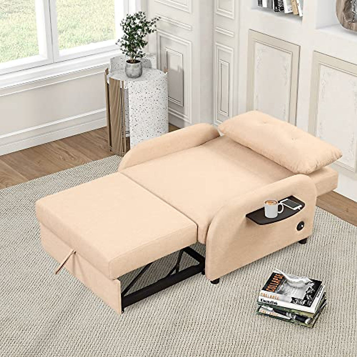 3 in 1 Convertible Loveseat Sofa with Pull-Out Sleeper&Adjsutable Backrest,Multi-Functional Folding Recliner Accent Futon Sofá Chair,Upholstered Lounge Chaise Couch Armchair for Living Room