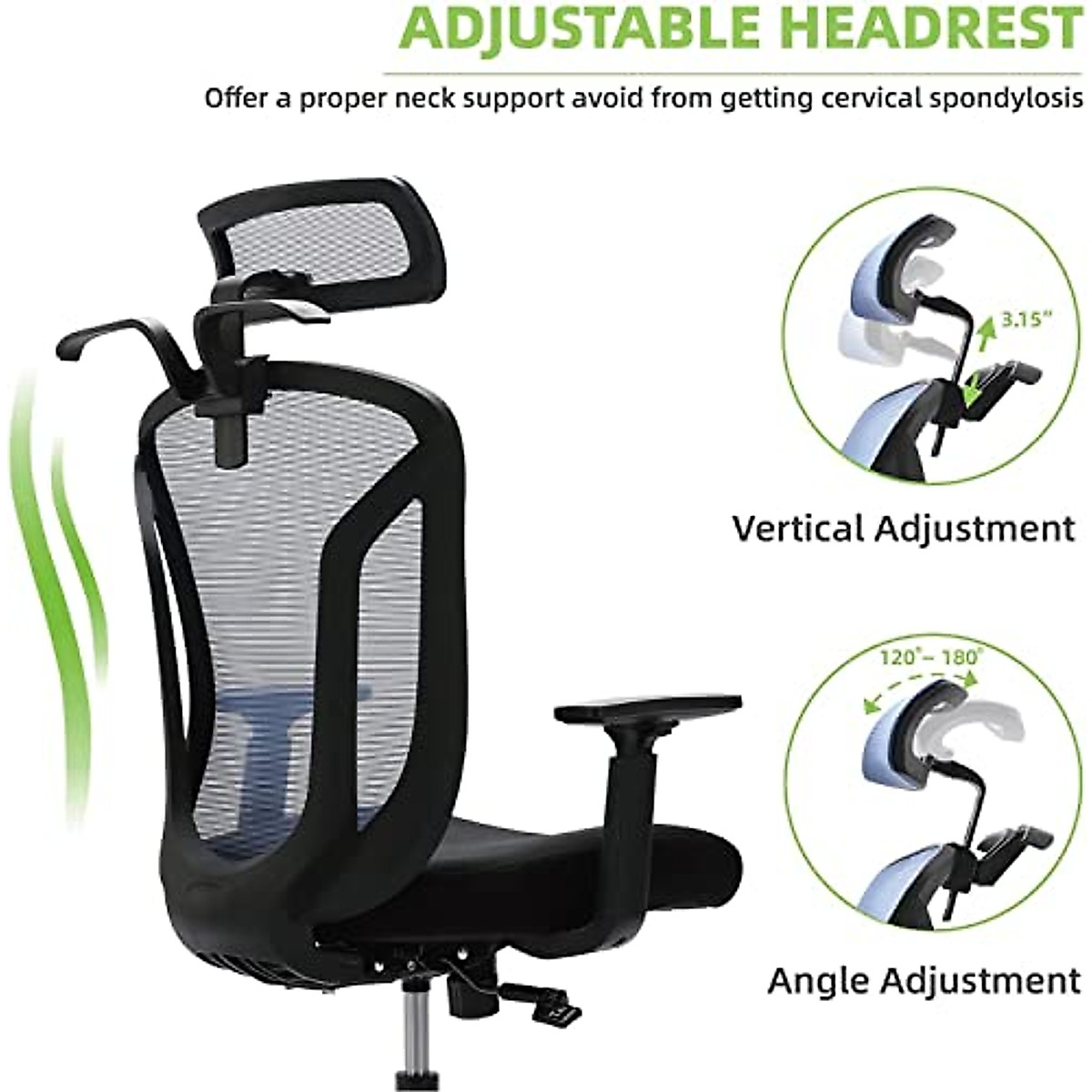 High Back Office Chair, Ergonomic Mesh Chair Home Desk Chair Adjustable Headrest, Executive Computer Chair with Hanger and Soft Foam Seat Cushion and Lumbar Support,Blue