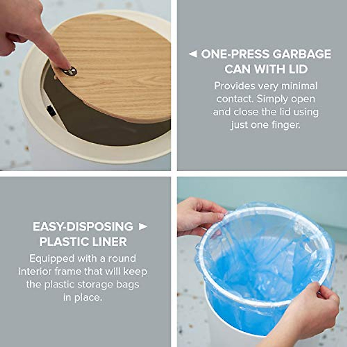 Nordic Style Trash Can (2-Pack) - Push Top with Lid - 14.3" x 8.7" White Top Spring Waste Basket - Scandinavian Modern Garbage Can - Round Trash Bin w/ Legs - Kitchen/Bathroom Trash Can I 1.8 Gallon